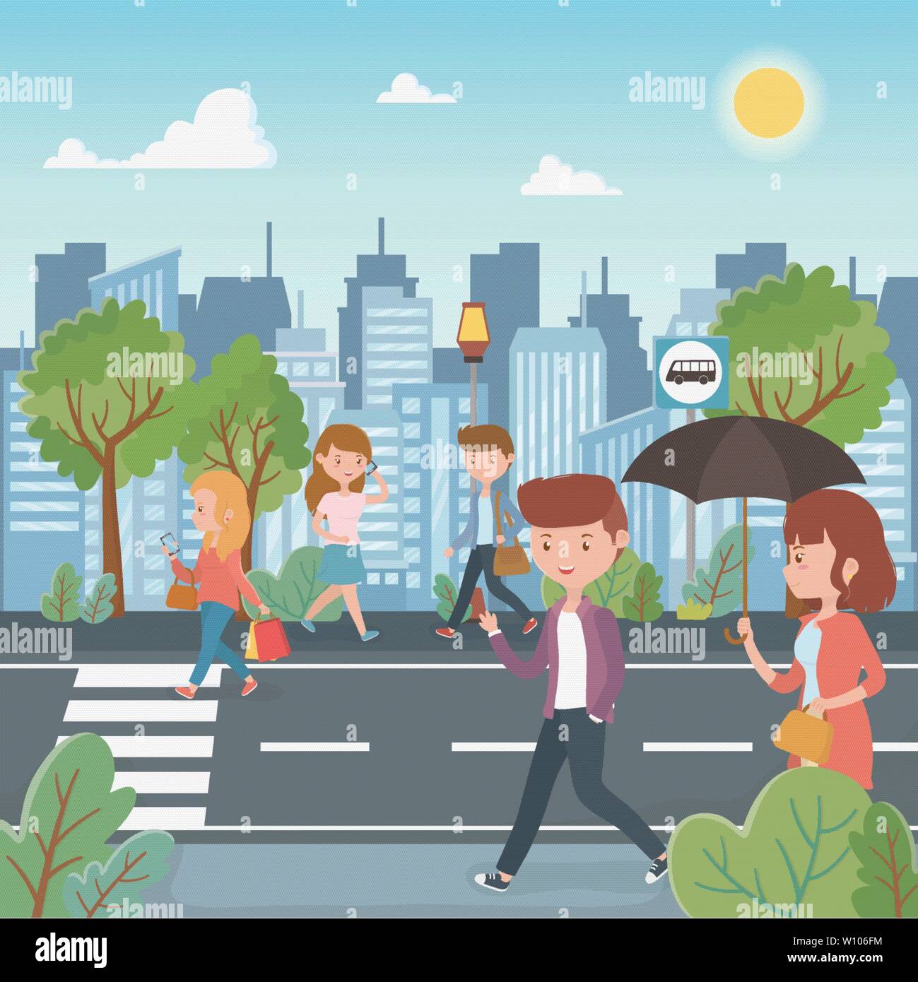 Cartoon People Walking Down Street