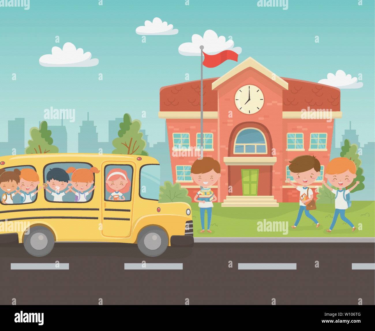 school building and bus with kids in the landscape scene vector ...
