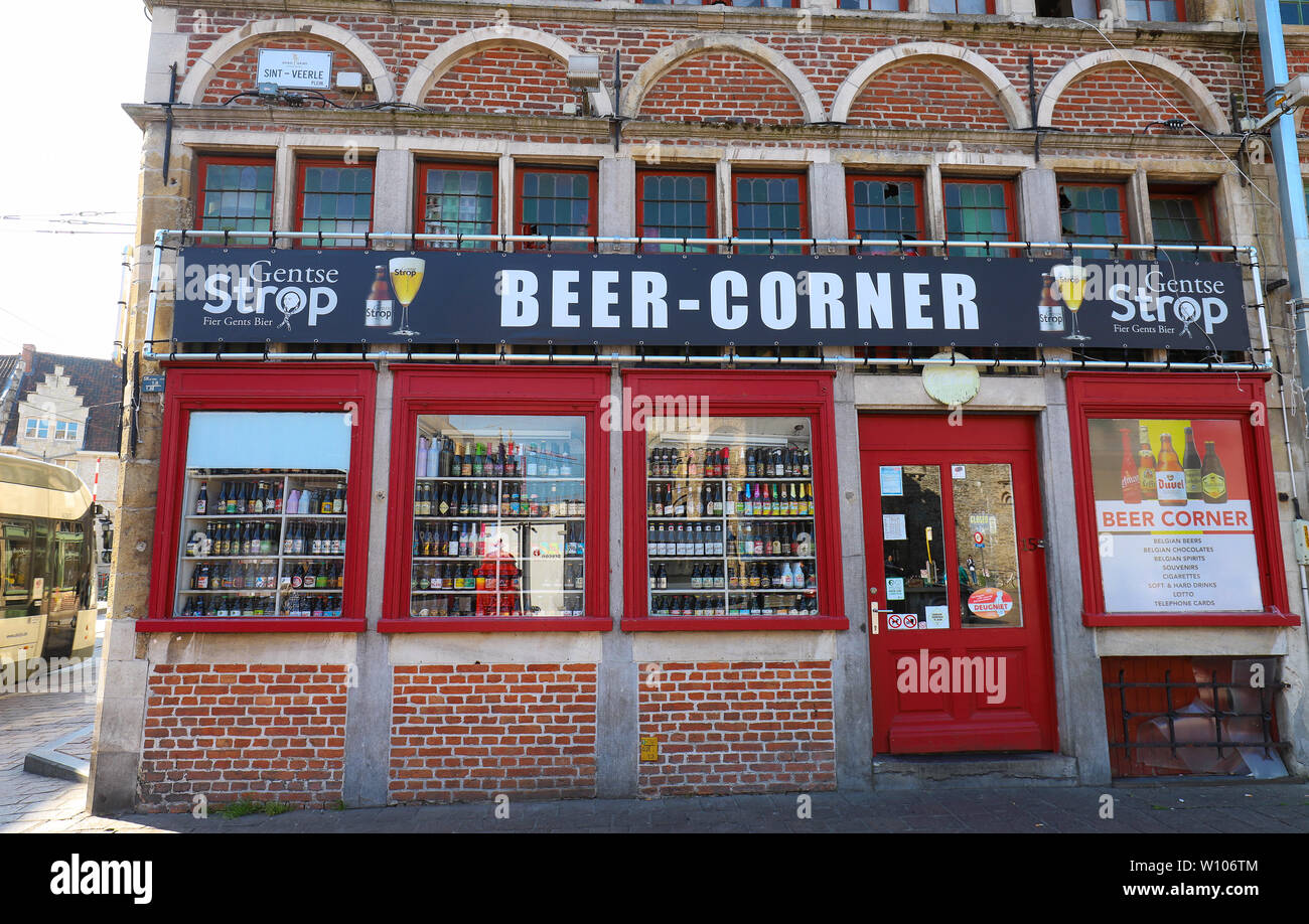 The outside of a beer store in Ghent. Large amounts of beer can be seen ...