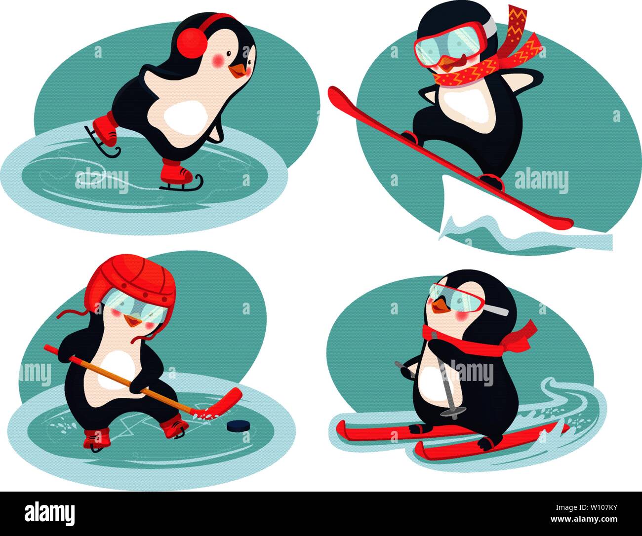 Winter sports. Childrens sports concept. Active penguins in winter ...