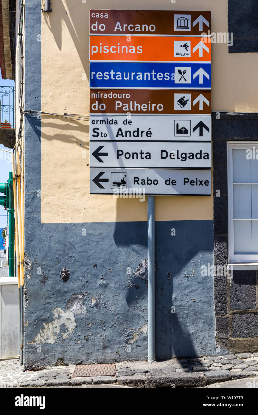 Orientation road signs in Ribeira Grande, Sao Miguel Island, Azores ...