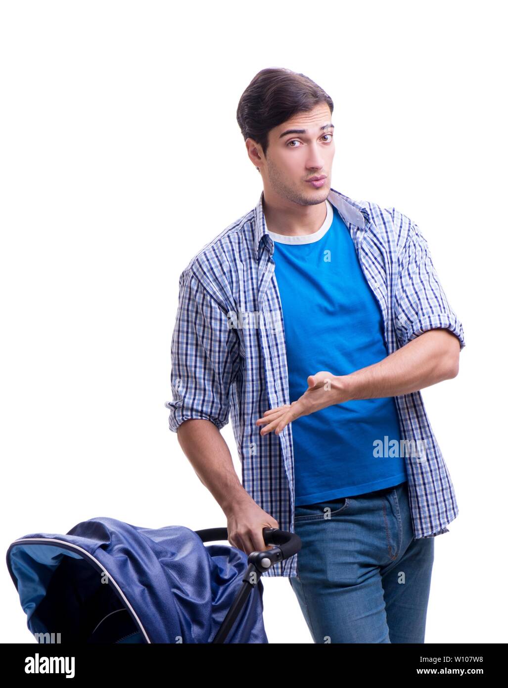 Young dad with baby pram isolated on white Stock Photo - Alamy