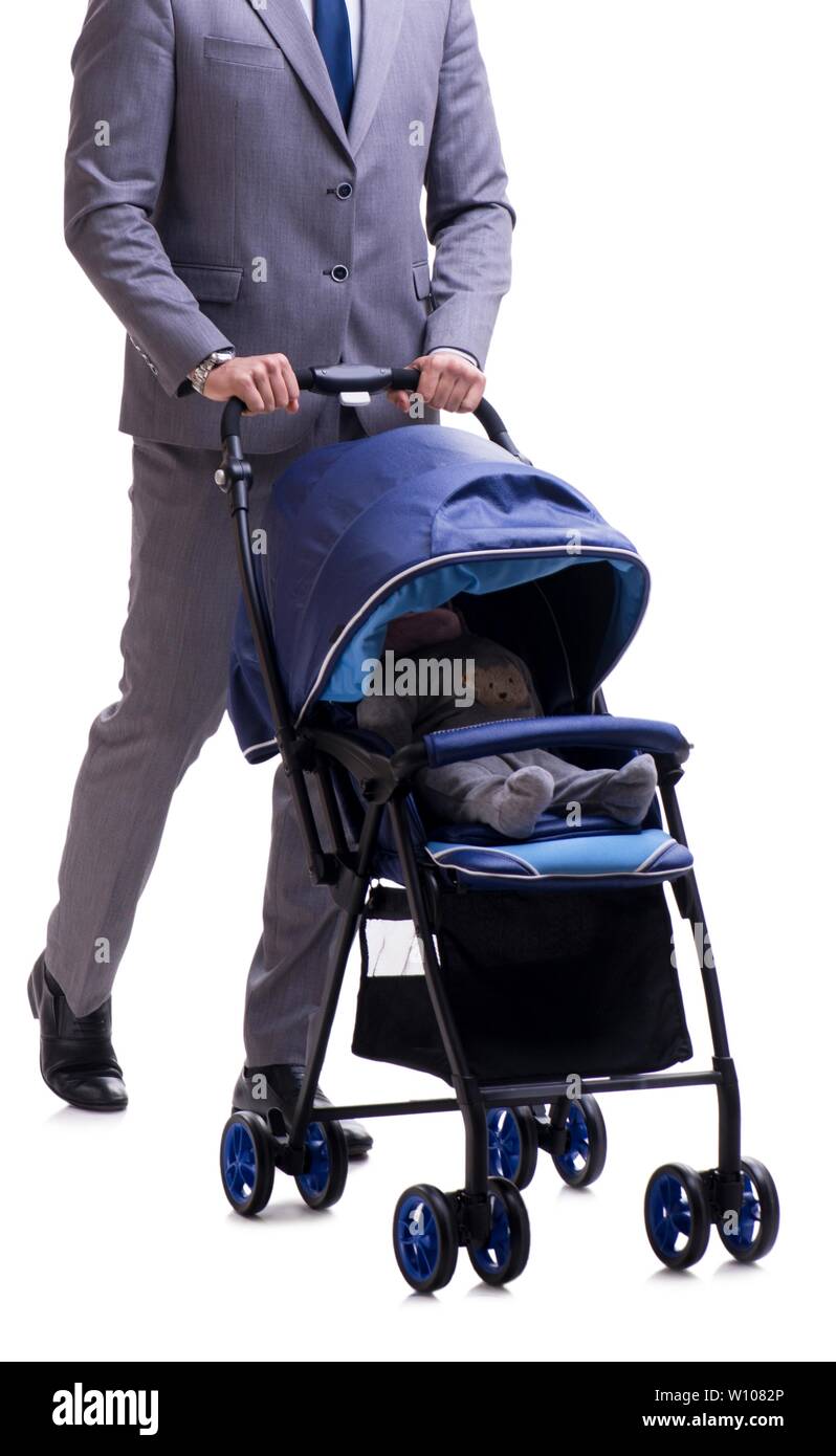 Young dad businessman with baby pram isolated on white Stock Photo - Alamy