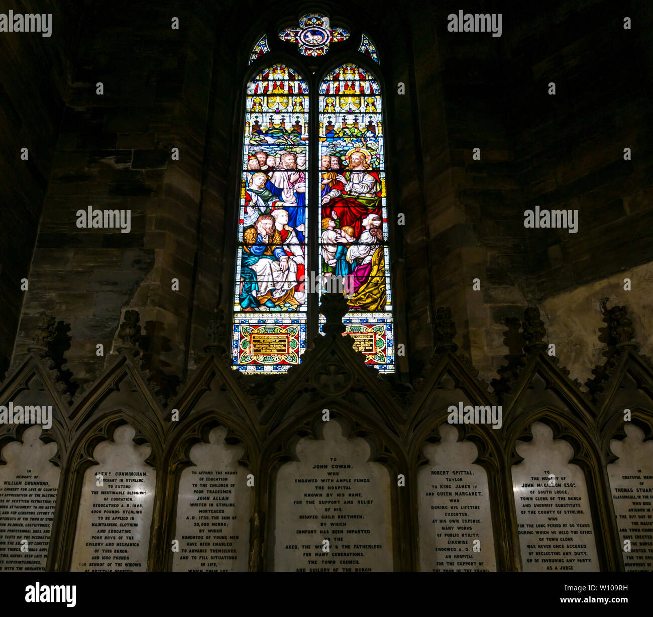 Stained glass window depicting Sermon on the Mount, West window, Church ...