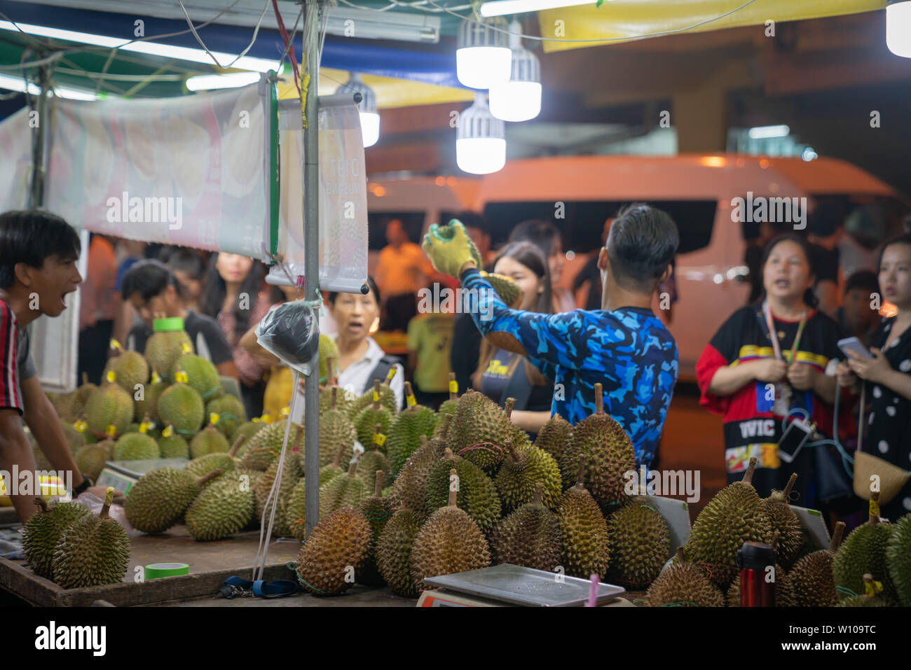KOTA KINABULU, BORNEO - JUNE 1 2019; Night street market for locals ...