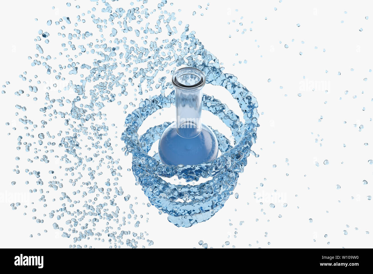 Chemical equipment bottle and splashing liquid, 3d rendering. Computer ...