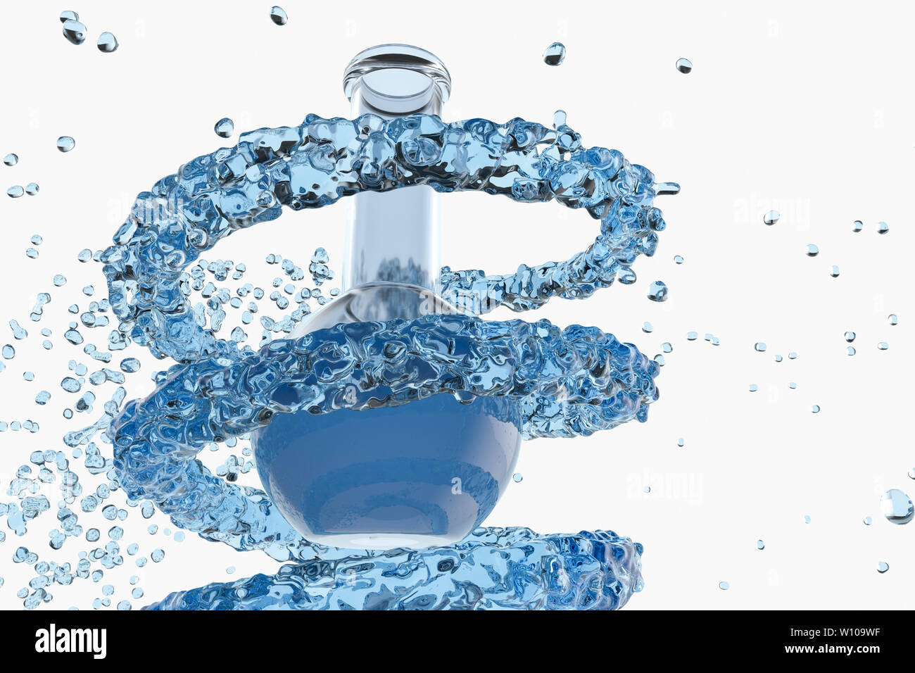 Chemical equipment bottle and splashing liquid, 3d rendering. Computer ...