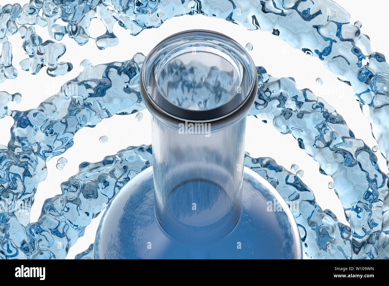 Chemical equipment bottle and splashing liquid, 3d rendering. Computer ...