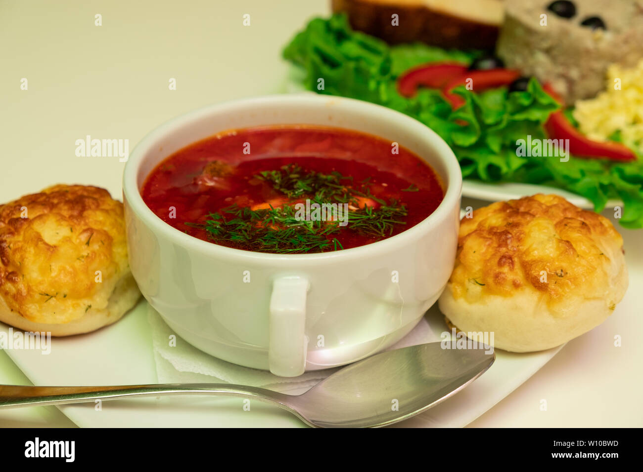 National Jewish borsch with pumpushki and greens Stock Photo - Alamy