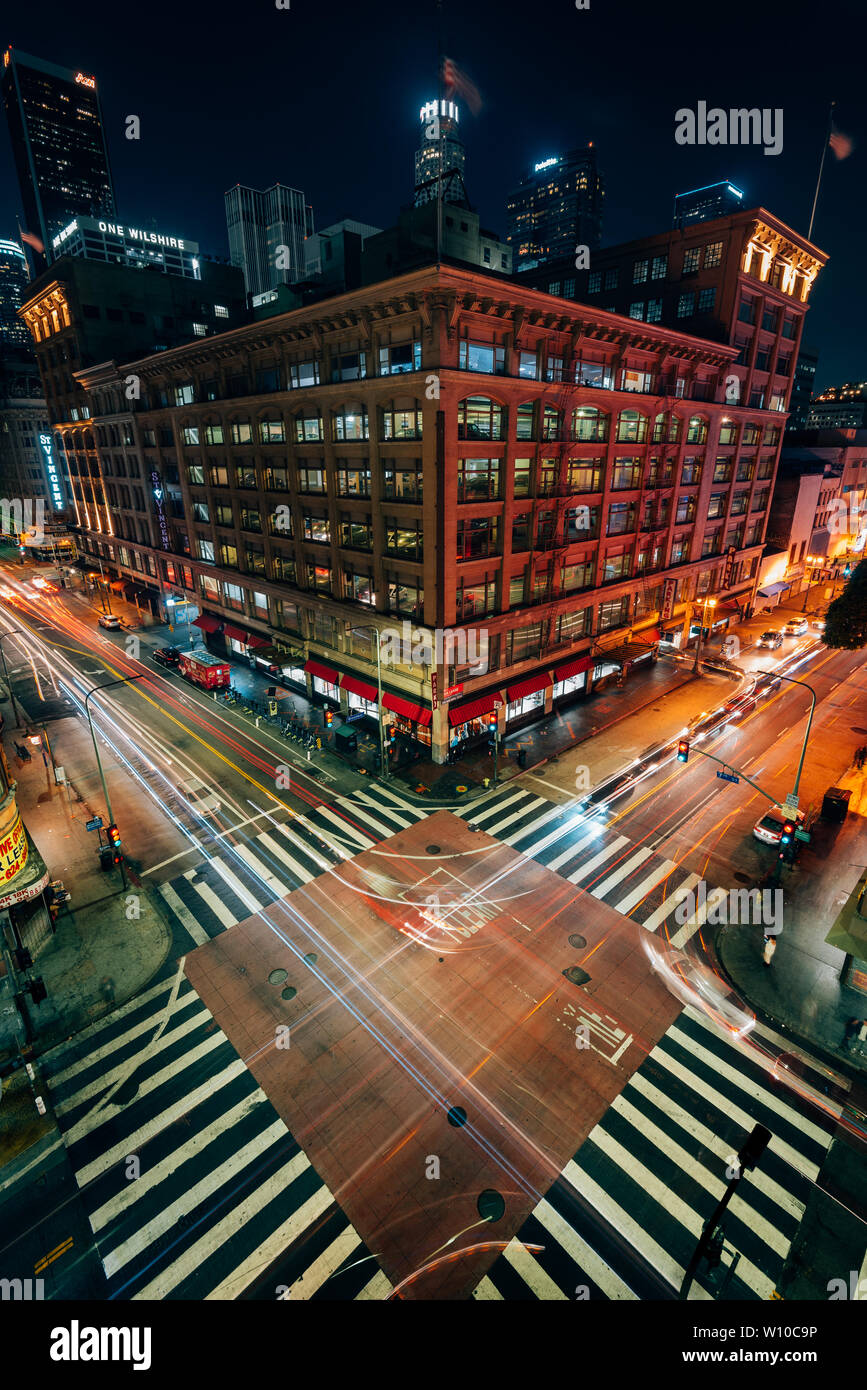Cityscape night view of an intersection on Broadway in downtown Los ...