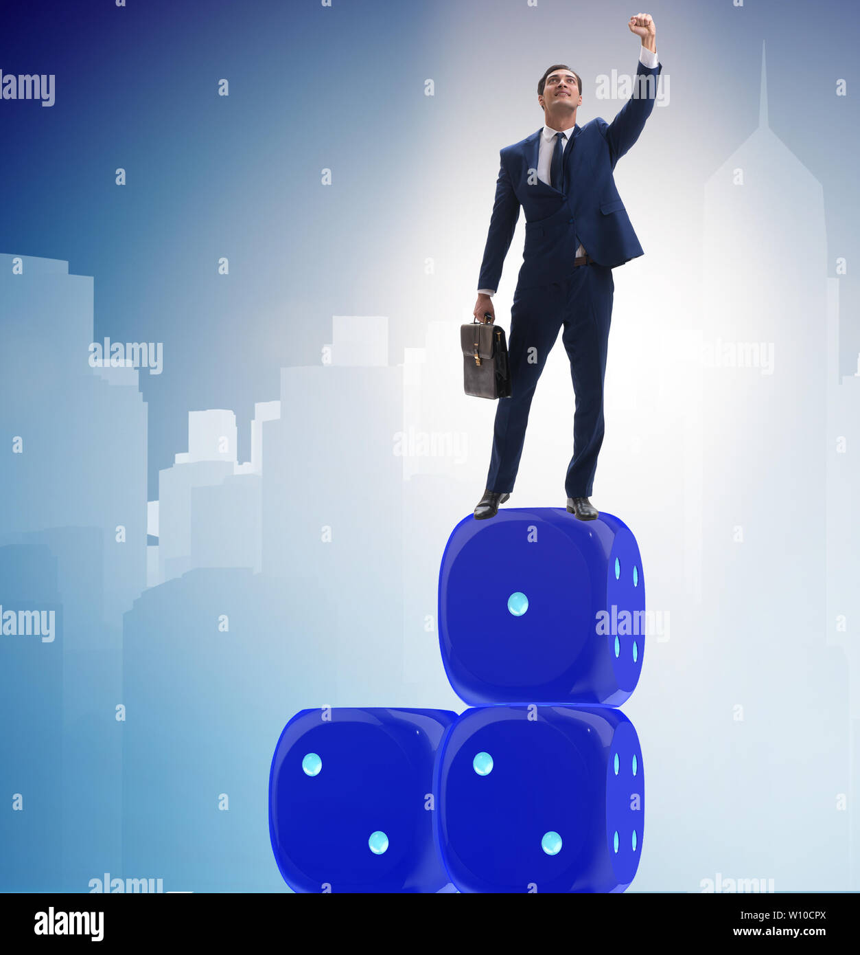 Businessman balancing on top of dice stack in uncertainty concept Stock ...