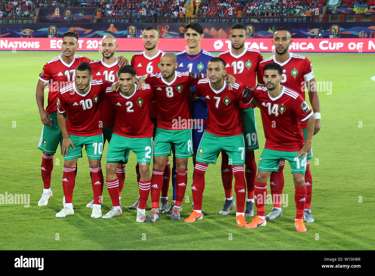 Cairo, Egypt. 28th June, 2019. Players of Morocco line up before the ...