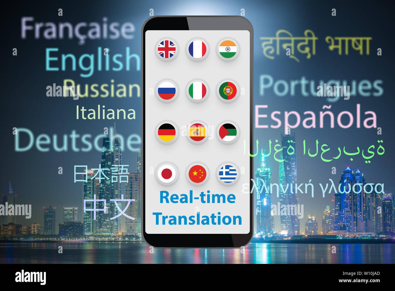 Concept of real time translation with smartphone app - 3d rendering ...