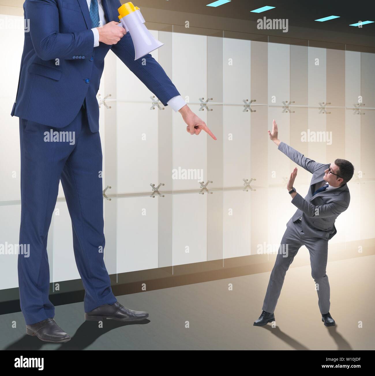 Bad angry boss shouting at employee with loudspeaker Stock Photo - Alamy