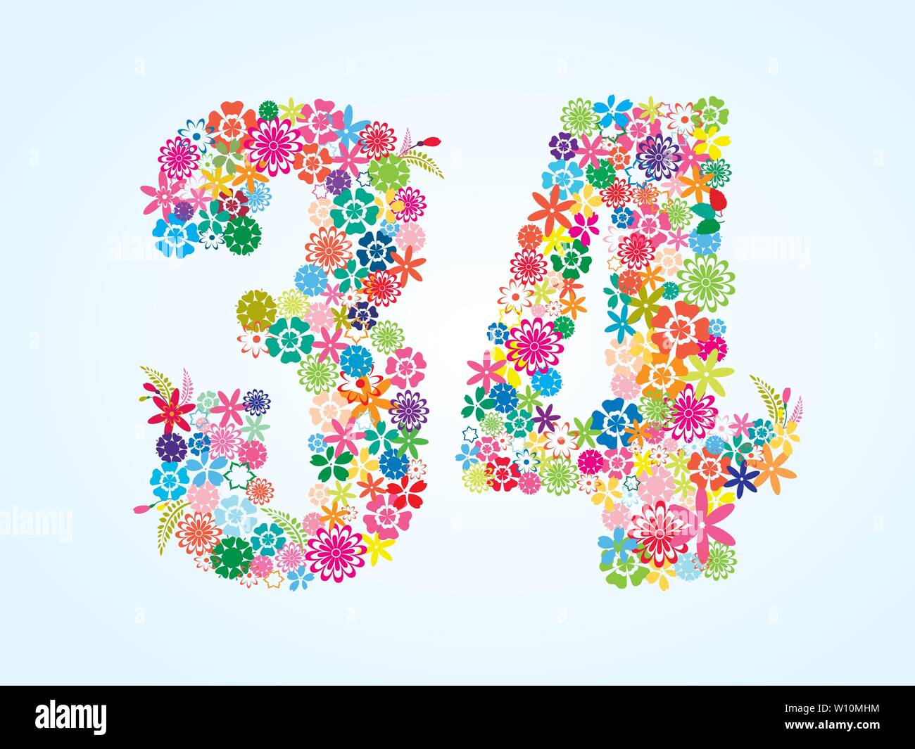 Vector Colorful Floral 34 Number Design isolated on white background ...