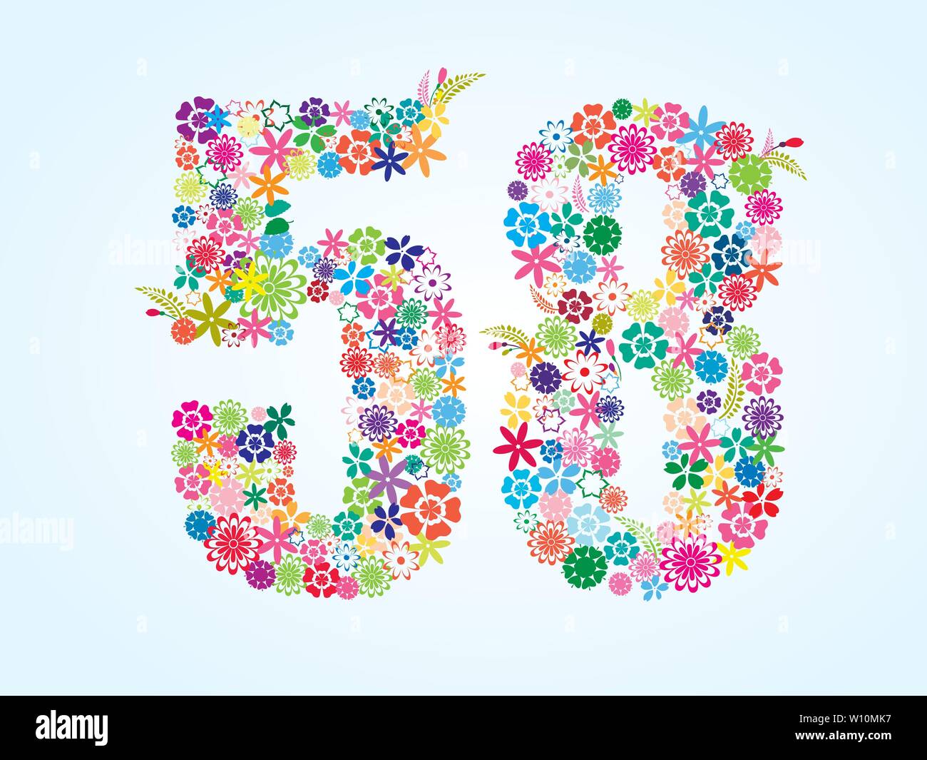Vector Colorful Floral 58 Number Design isolated on white background. Floral Number Fifty Eight ...