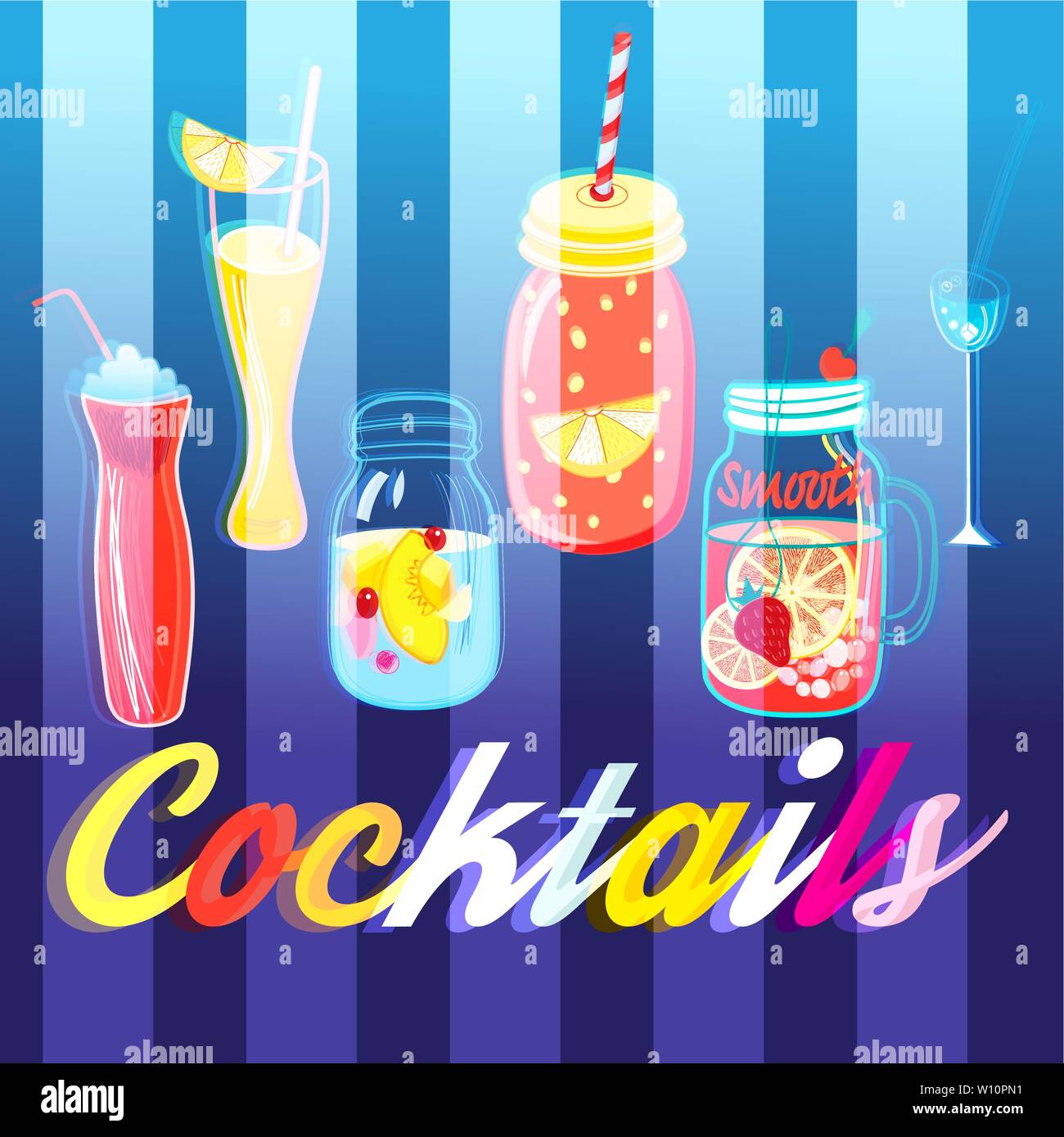 Vector illustration of multicolored cocktails on a blue background ...