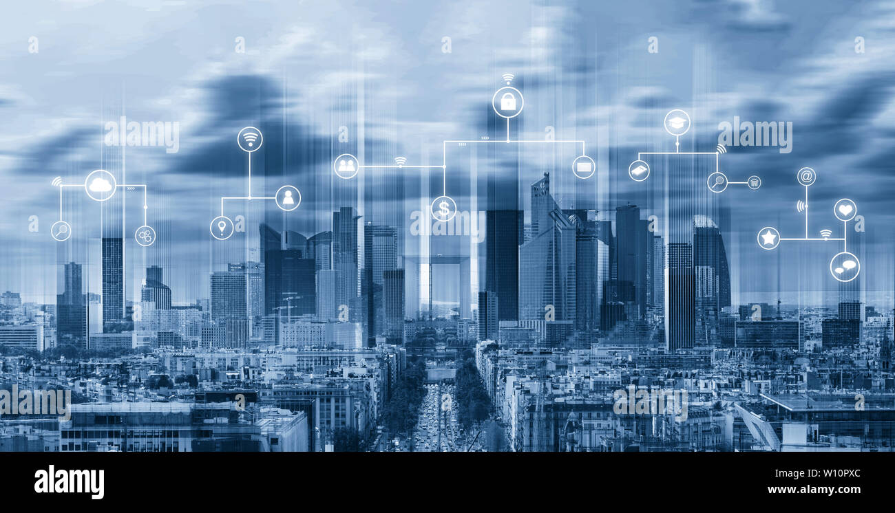 Smart city, internet wireless and networking in the city. Futuristic ...