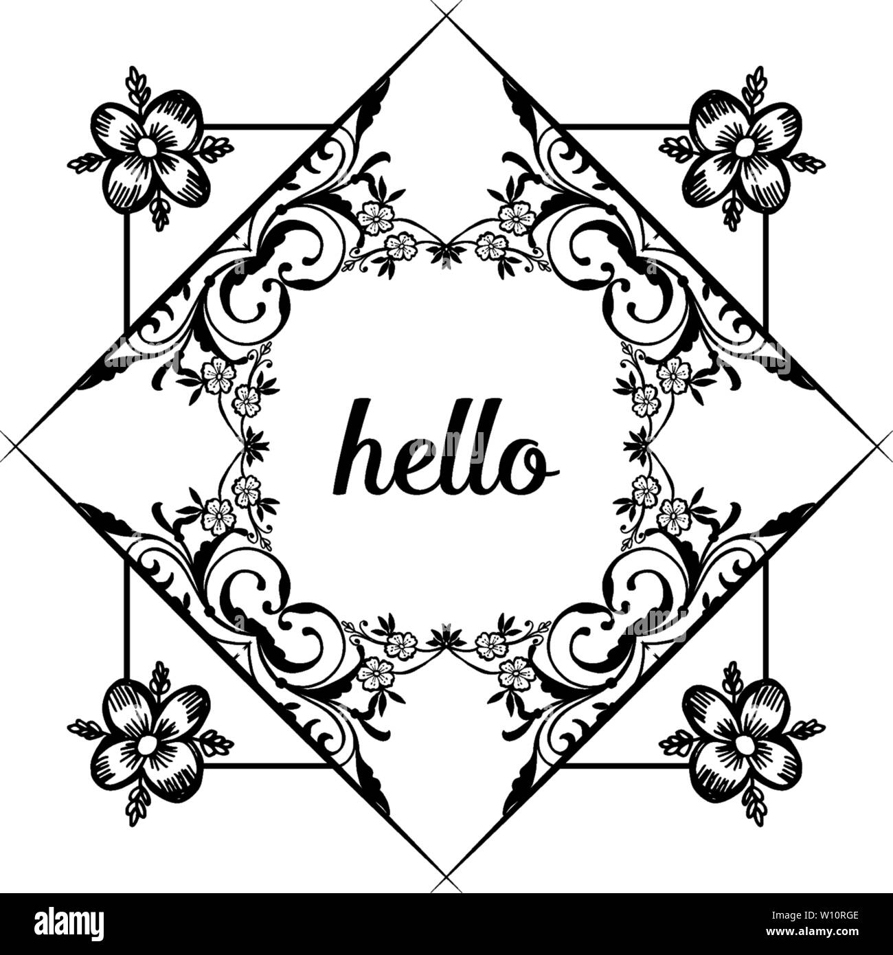 Vector illustration lettering hello for design wallpaper flower frame ...