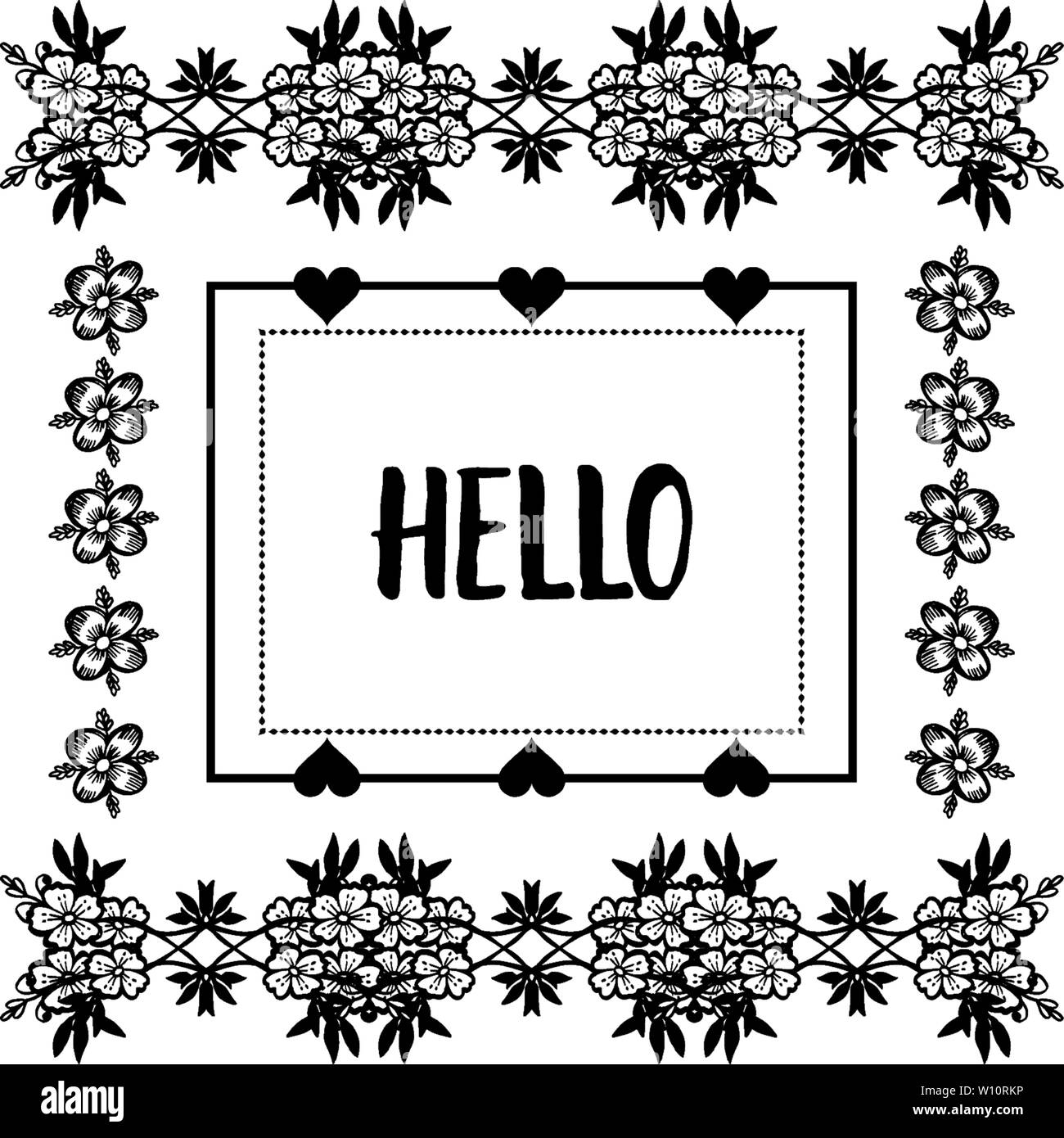 Vector illustration writing hello with crowd cute flower frame hand ...