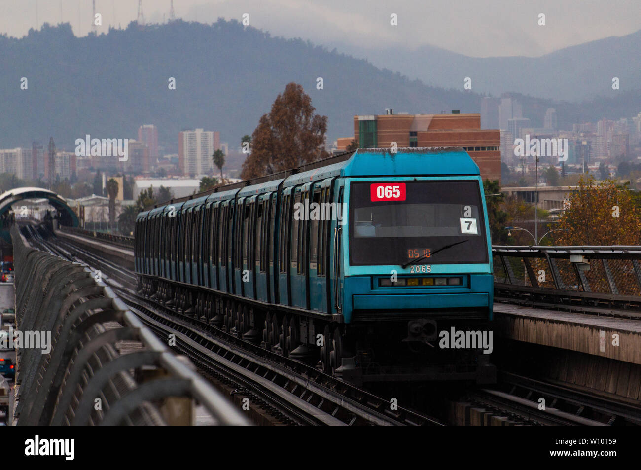 SANTIAGO, CHILE - MAY 2016: A Santiago Metro NS93 Train on the viaduct ...