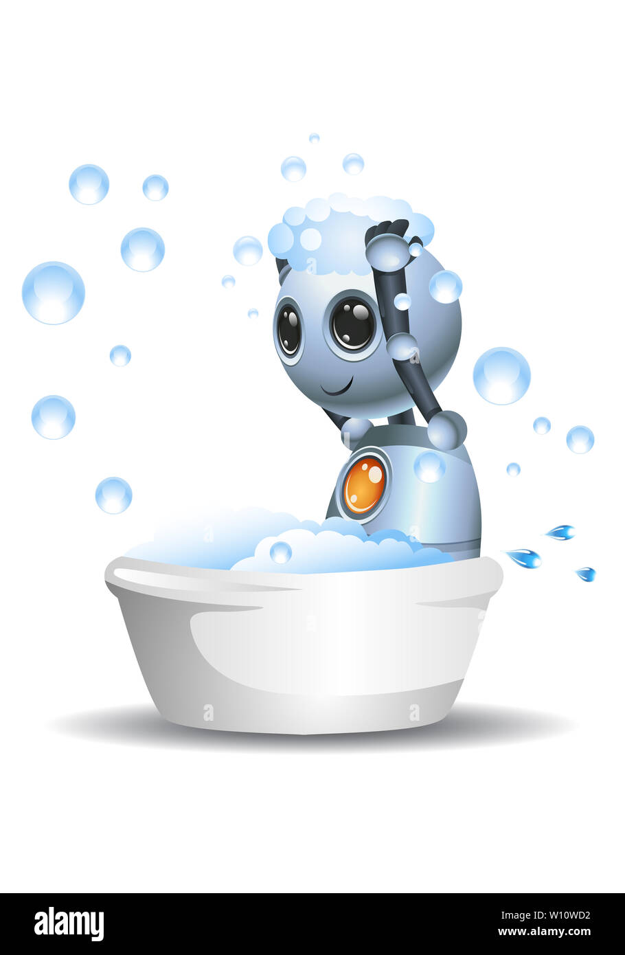 3D illustration of a little robot sit on bath up taking shower on ...