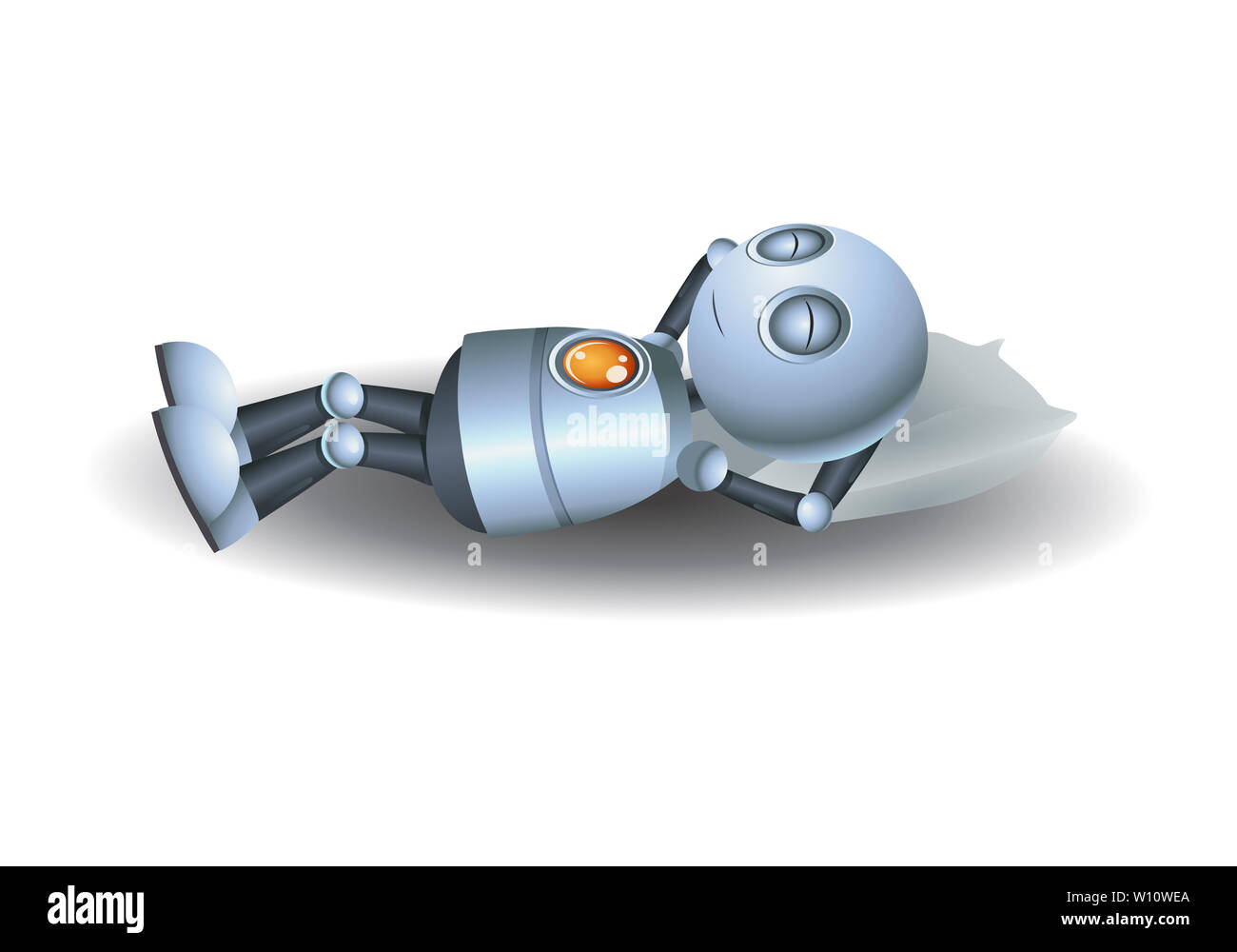 3D illustration of a little robot sleeping on pillow on isolated white ...