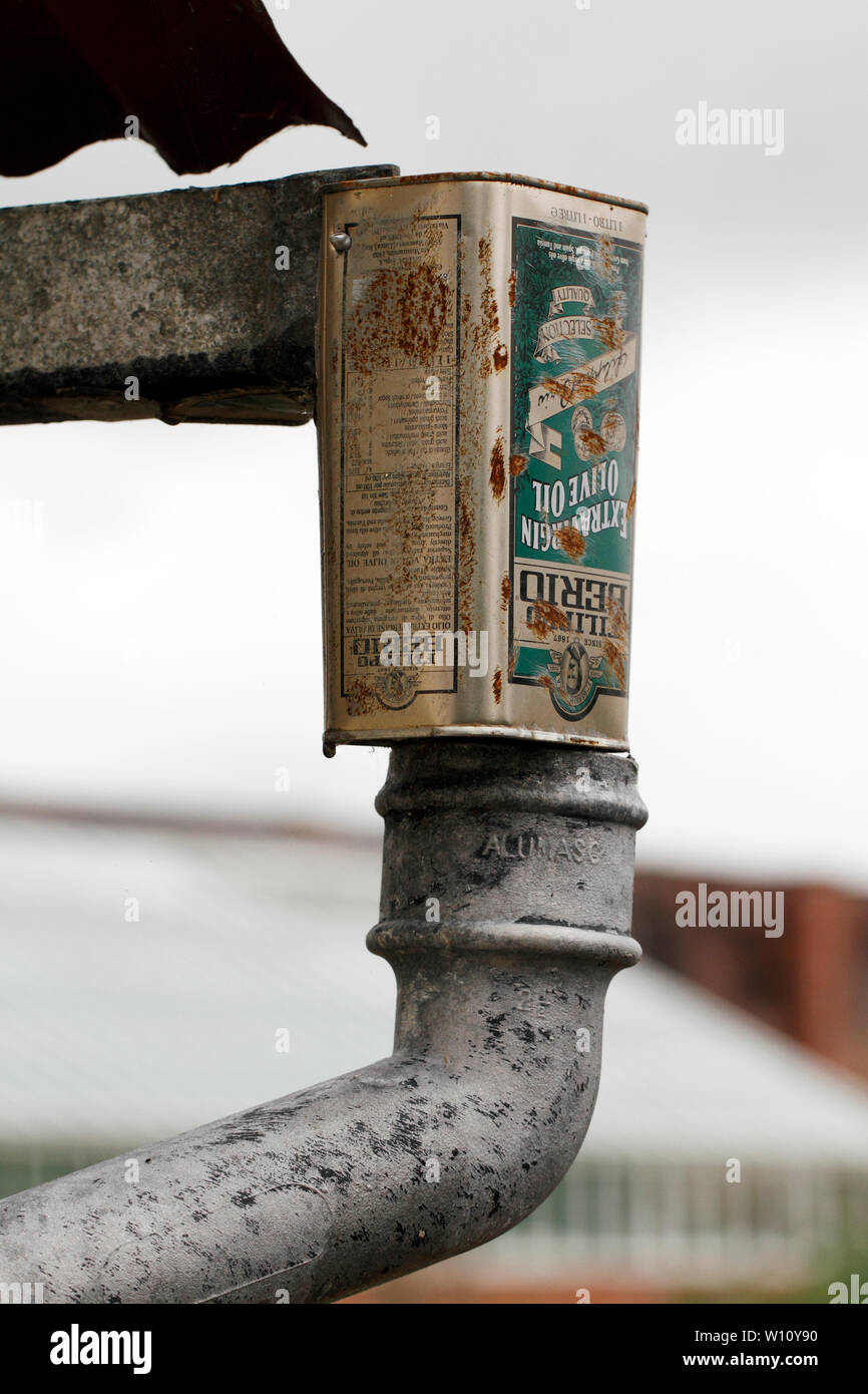 Cooking oil can being used as part of a Heath-Robinson guttering Stock ...