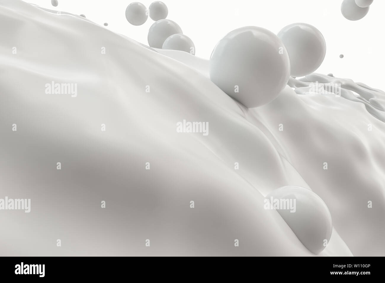 Purity splashing milk with flying spheres, 3d rendering. Computer ...