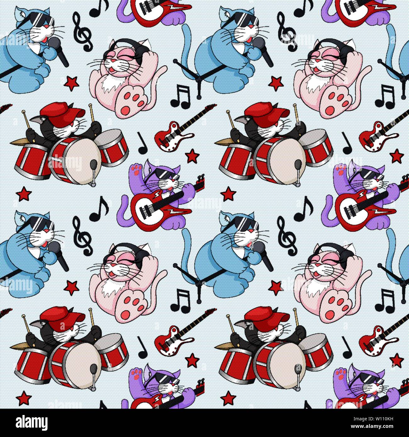Seamless pattern with cute cartoon musican kittens on white background ...