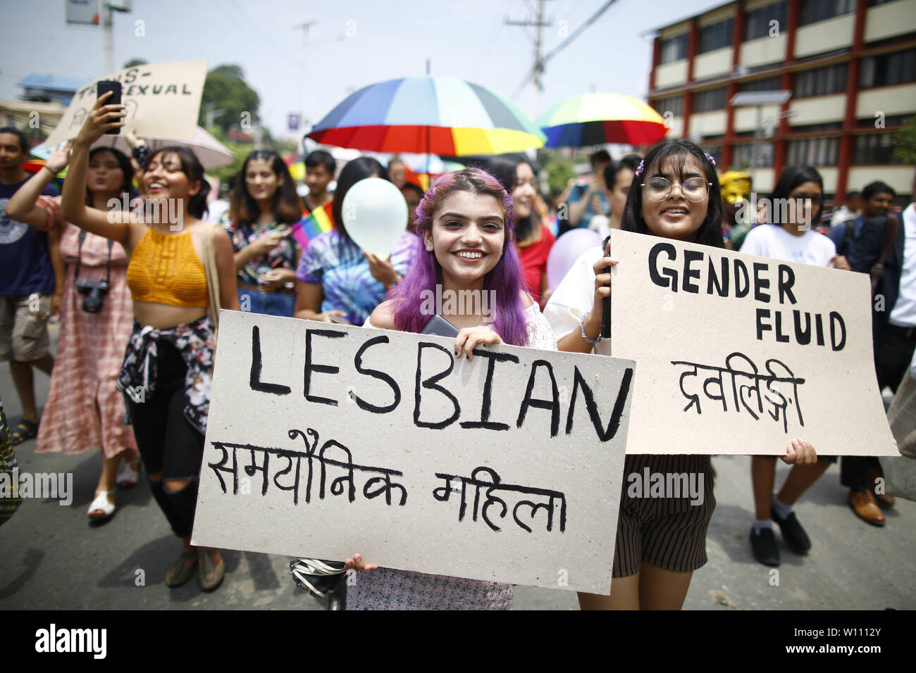 Kathmandu, Nepal. 29th June, 2019. Women from the LGBTIQ community hold ...