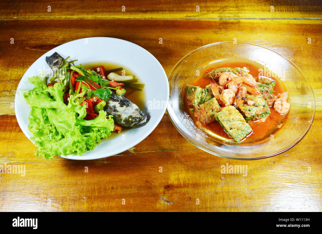 steamed goby with soy sauce and fried egg in spicy soup Stock Photo - Alamy