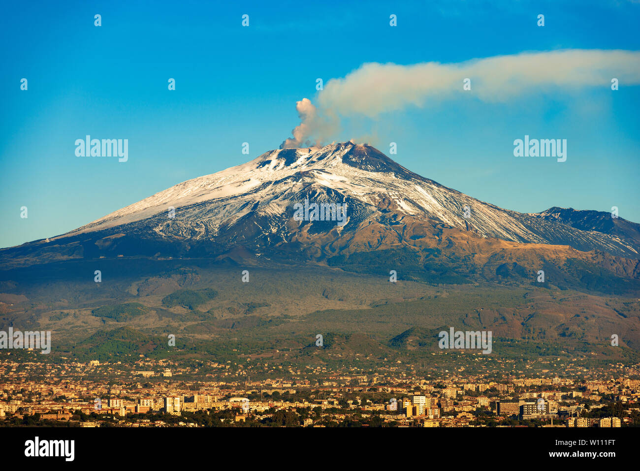 The mount Etna Volcano with smoke and Silvestri craters in the Catania ...
