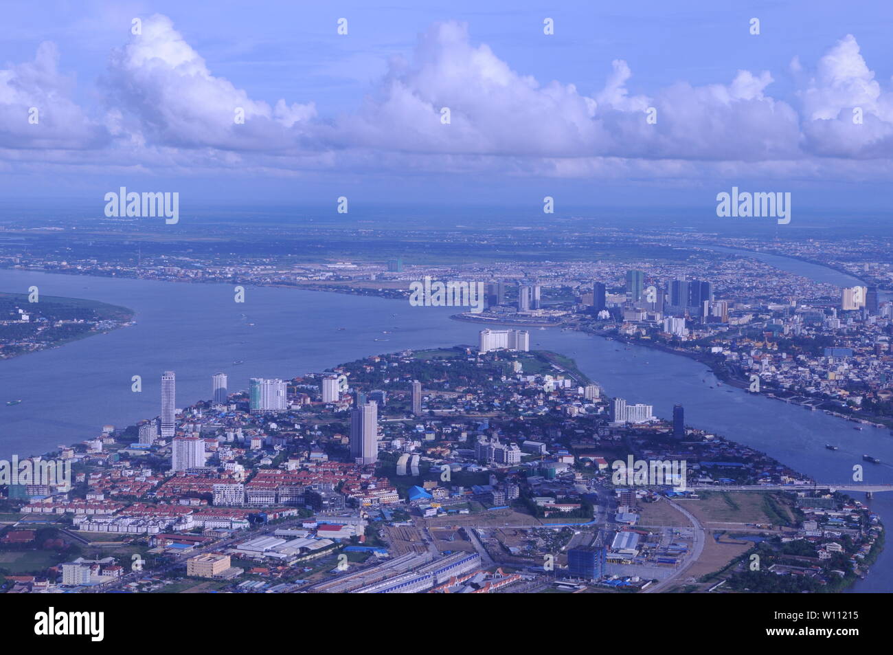 aerial view of the confluence of The Mekong River, The Tonle Bassac ...