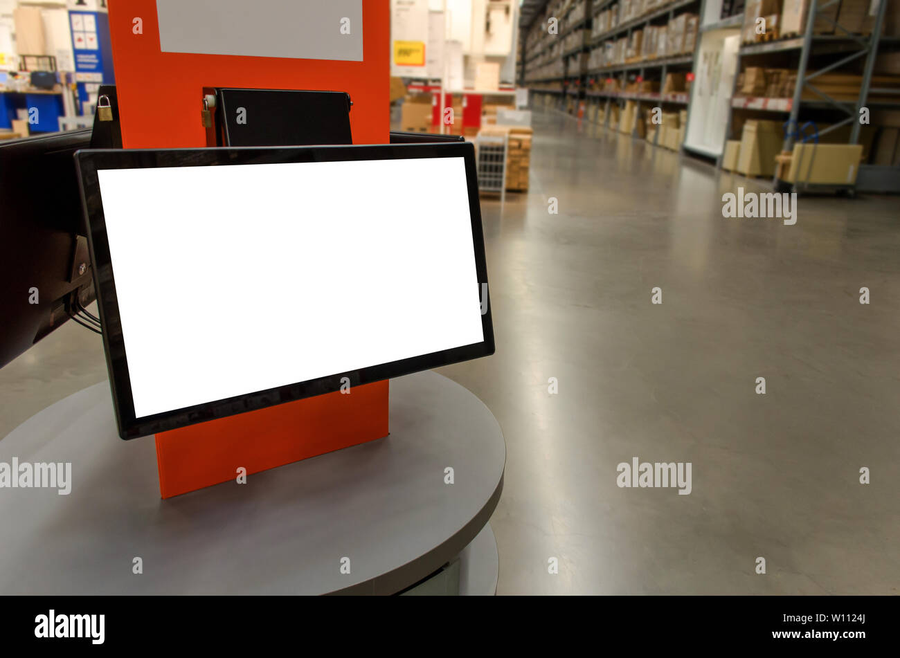blank white screen monitor on counter desk at cargo warehouse in ...