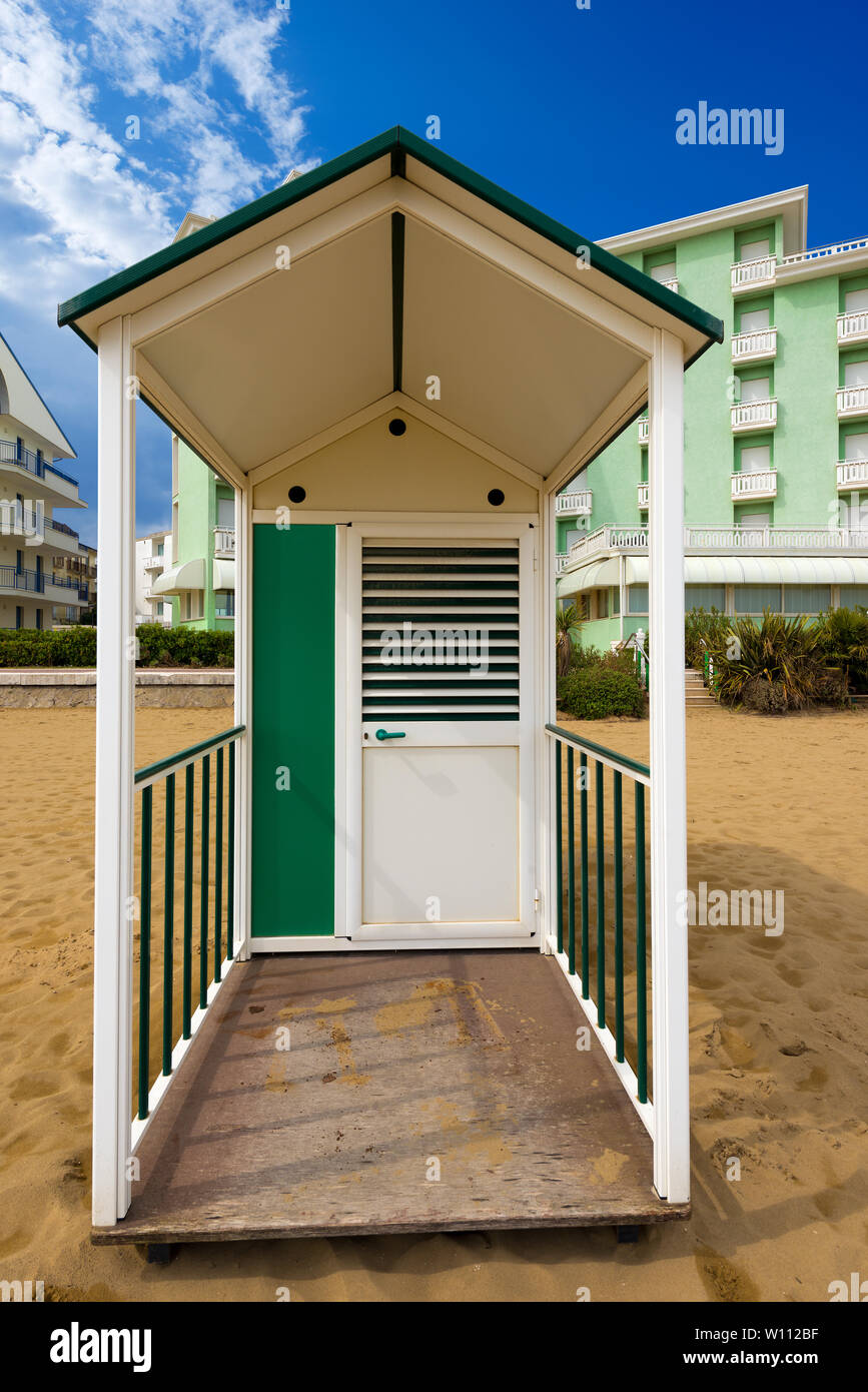 Typical Italian beach hut. On the beach of Caorle in the Adriatic sea ...