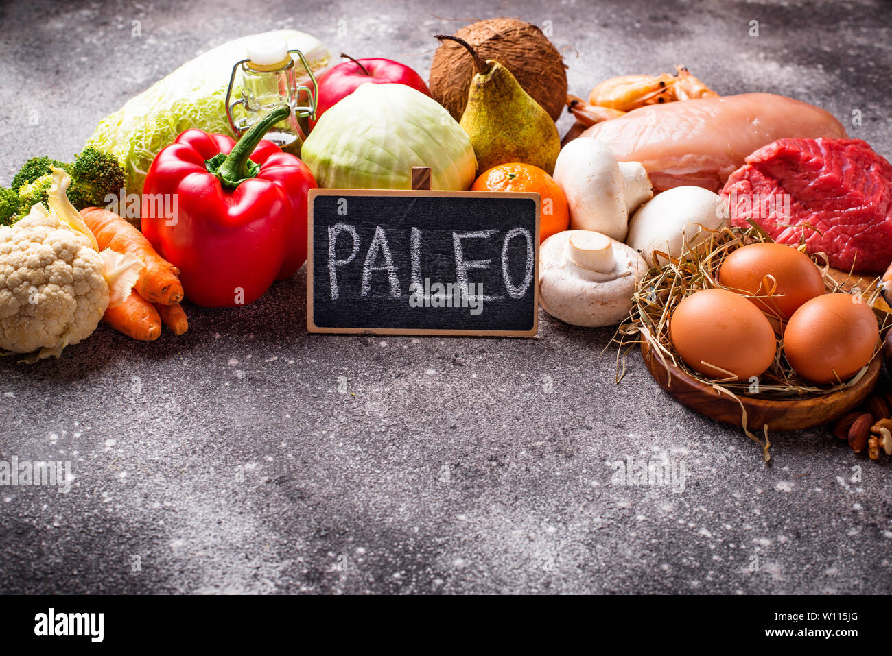Paleo diet. Healthy high protein and low carbohydrate products Stock ...