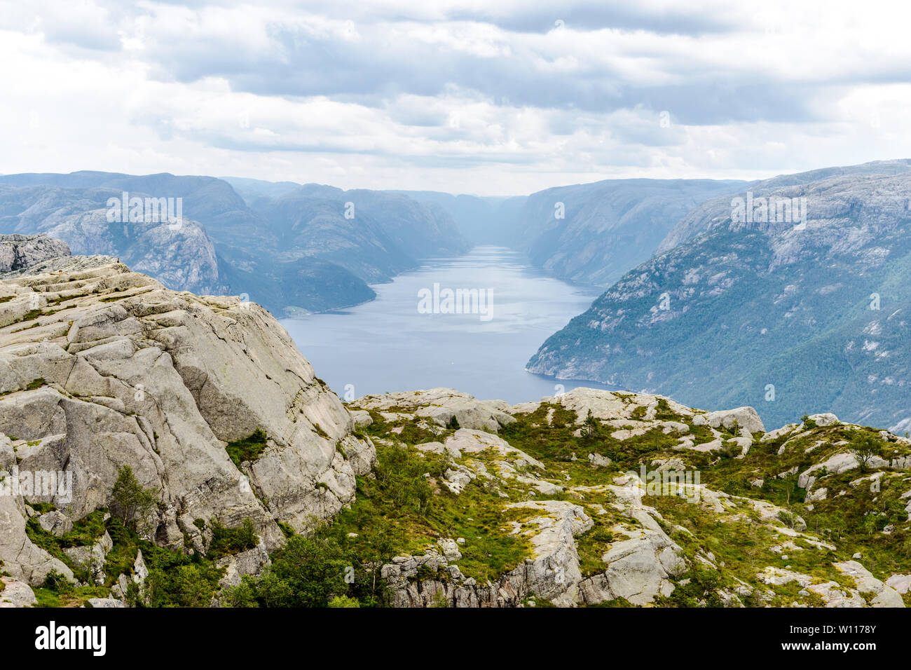 Panorama view from Preikestolen or Prekestolen. Pulpit Rock, famous ...