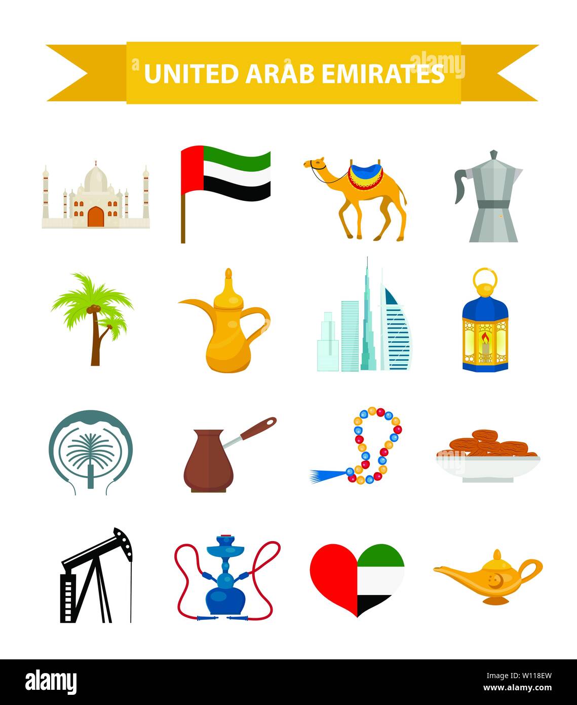 UAE United Arab Emirates flat icon set, cartoon style. Collection of ...