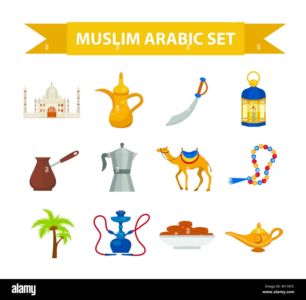 Muslim arabic flat icon set, cartoon style. Collection of arabic design ...