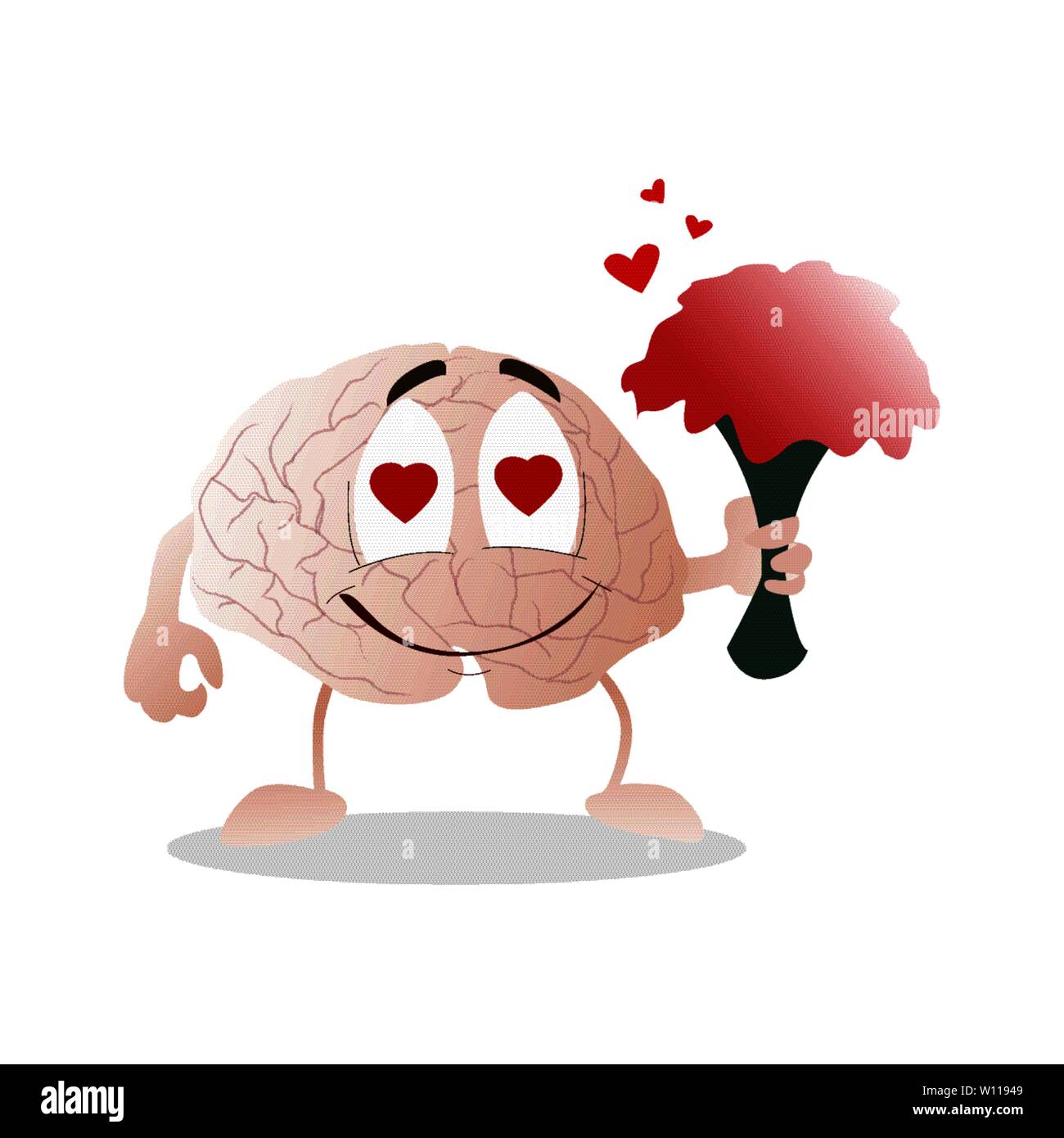 Brain love, character with bouquet flowers. Vector brain feeling love ...