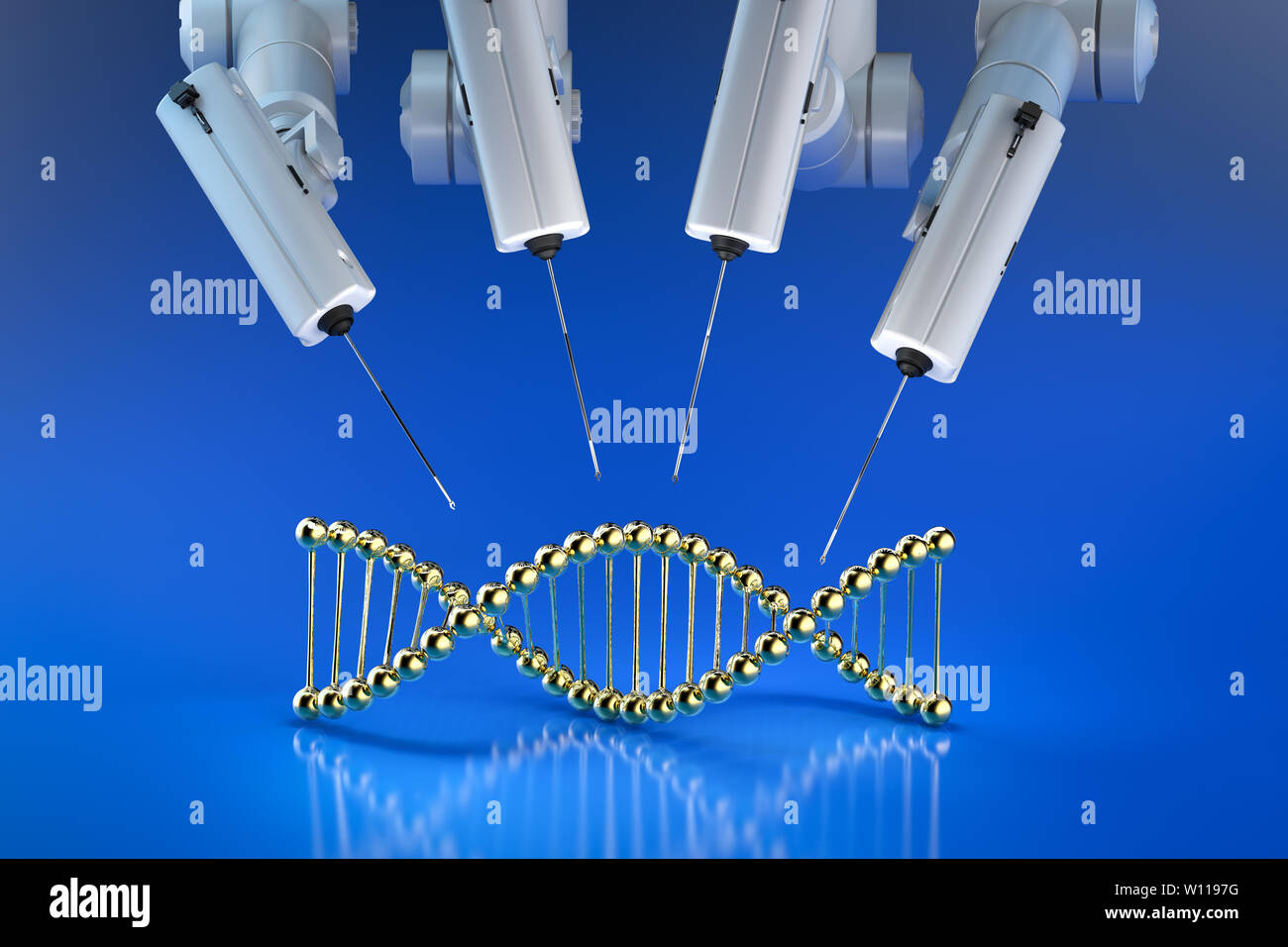 Genetic engineeering concept with 3d rendering robotic hand editing dna ...
