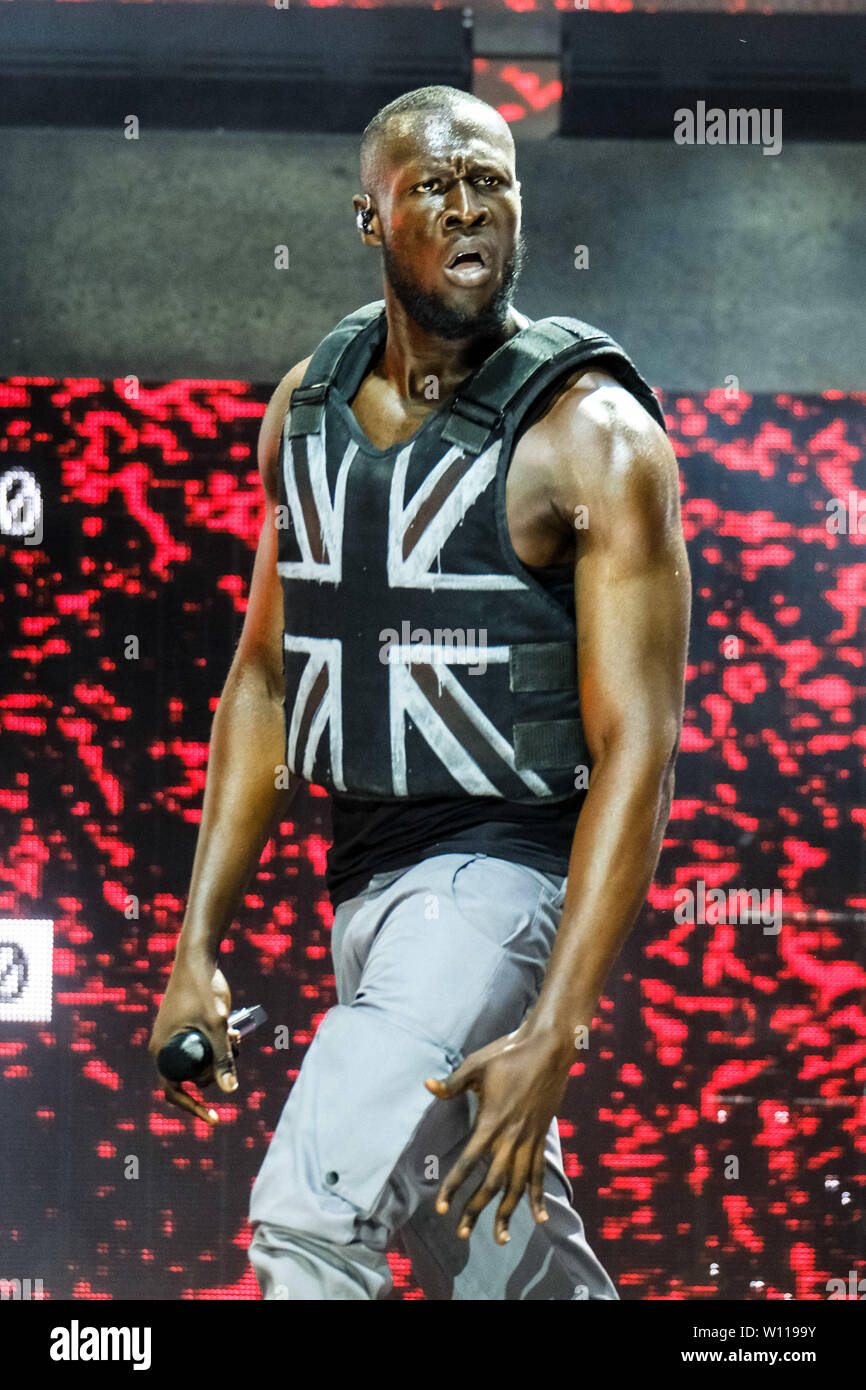 Stormzy headlines the Pyramid stage at Glastonbury Festival 2019 on Friday 28 June 2019 at ...