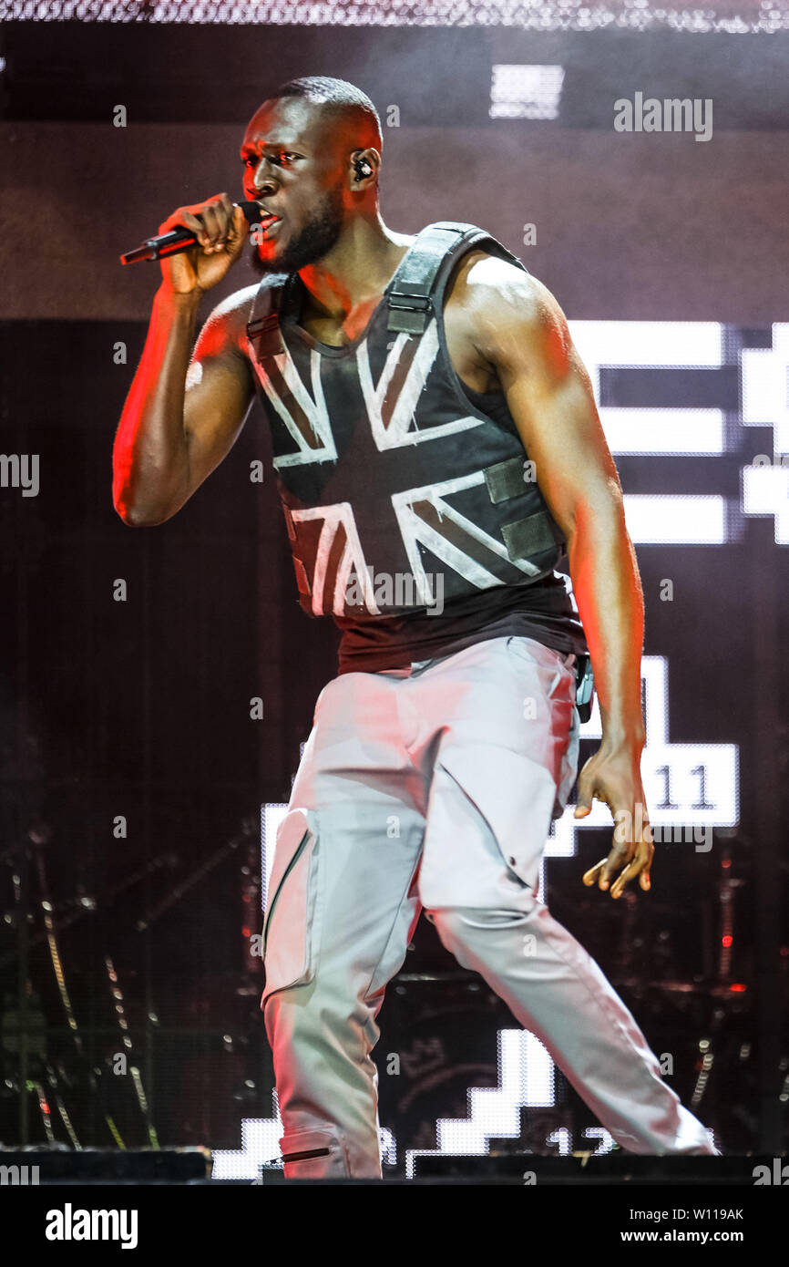 Stormzy headlines the Pyramid stage at Glastonbury Festival 2019 on Friday 28 June 2019 at ...