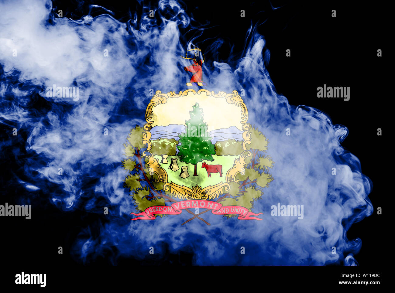 The national flag of the US state Vermont in against a gray smoke on ...