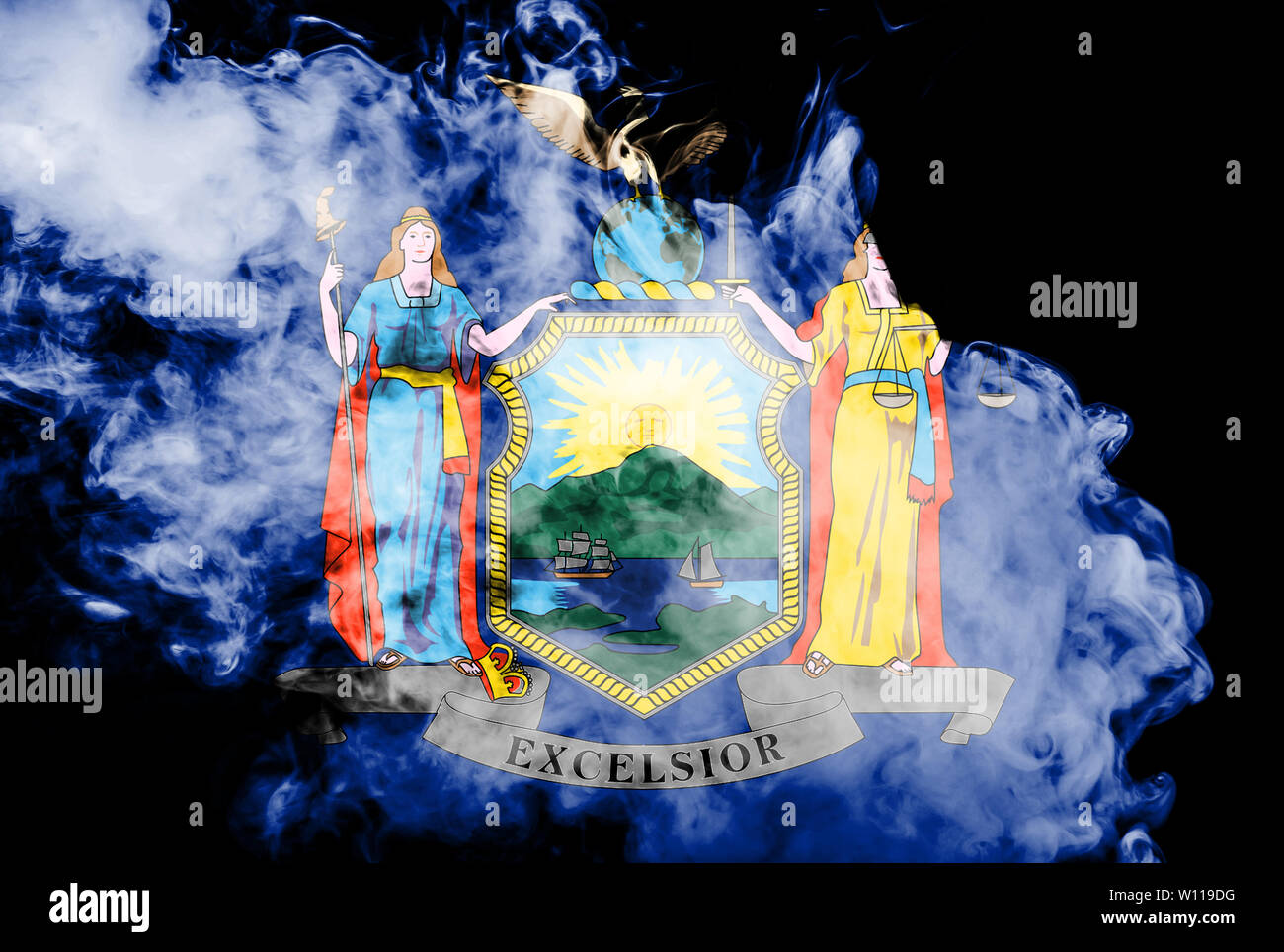 The national flag of the US state New York in against a gray smoke on ...