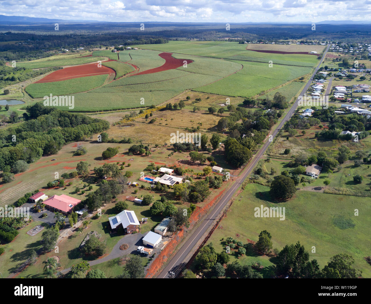 Aerial of sugar cane plantation fields near Childers Queensland ...