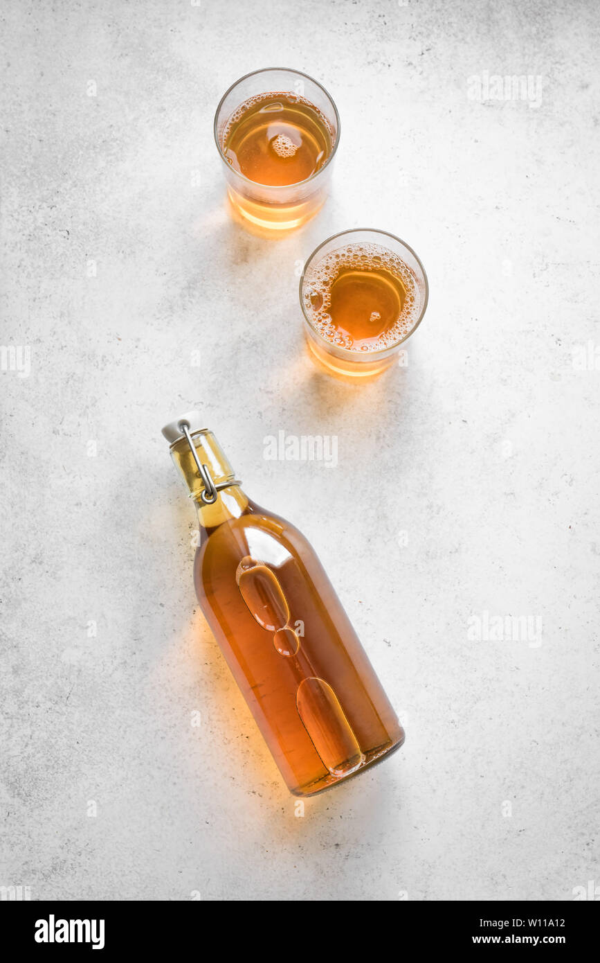 Kombucha fermented drink in glass and bottle on white background, copy ...