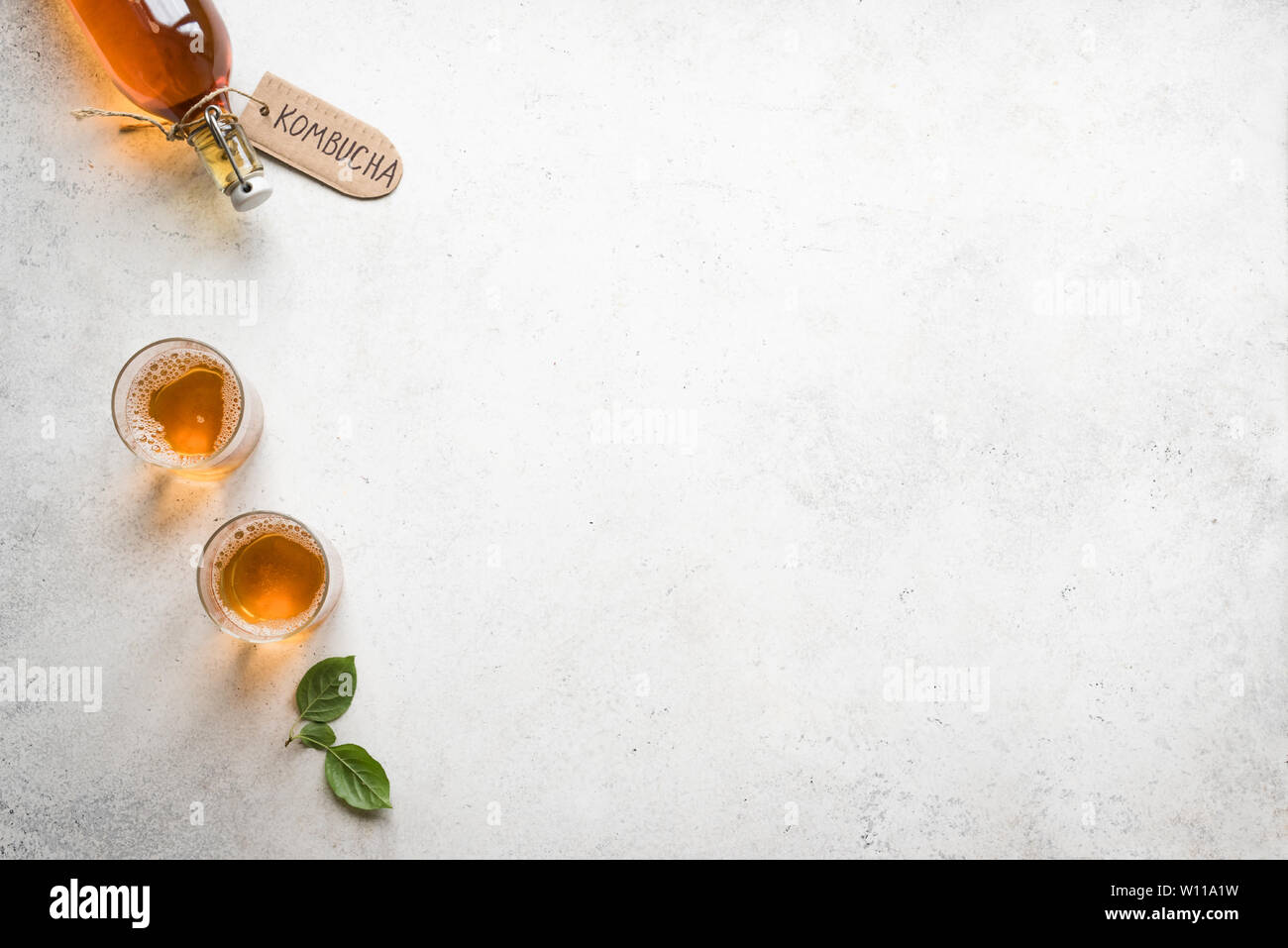 Kombucha fermented drink in glass and bottle on white background, copy ...