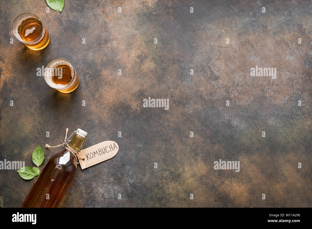 Kombucha fermented drink in glass and bottle on dark background, copy ...